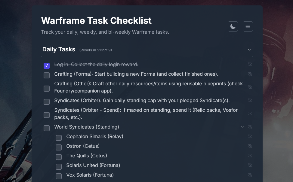Warframe Task Checklist - Track Dailies, Weeklies & More | Warframe Tools